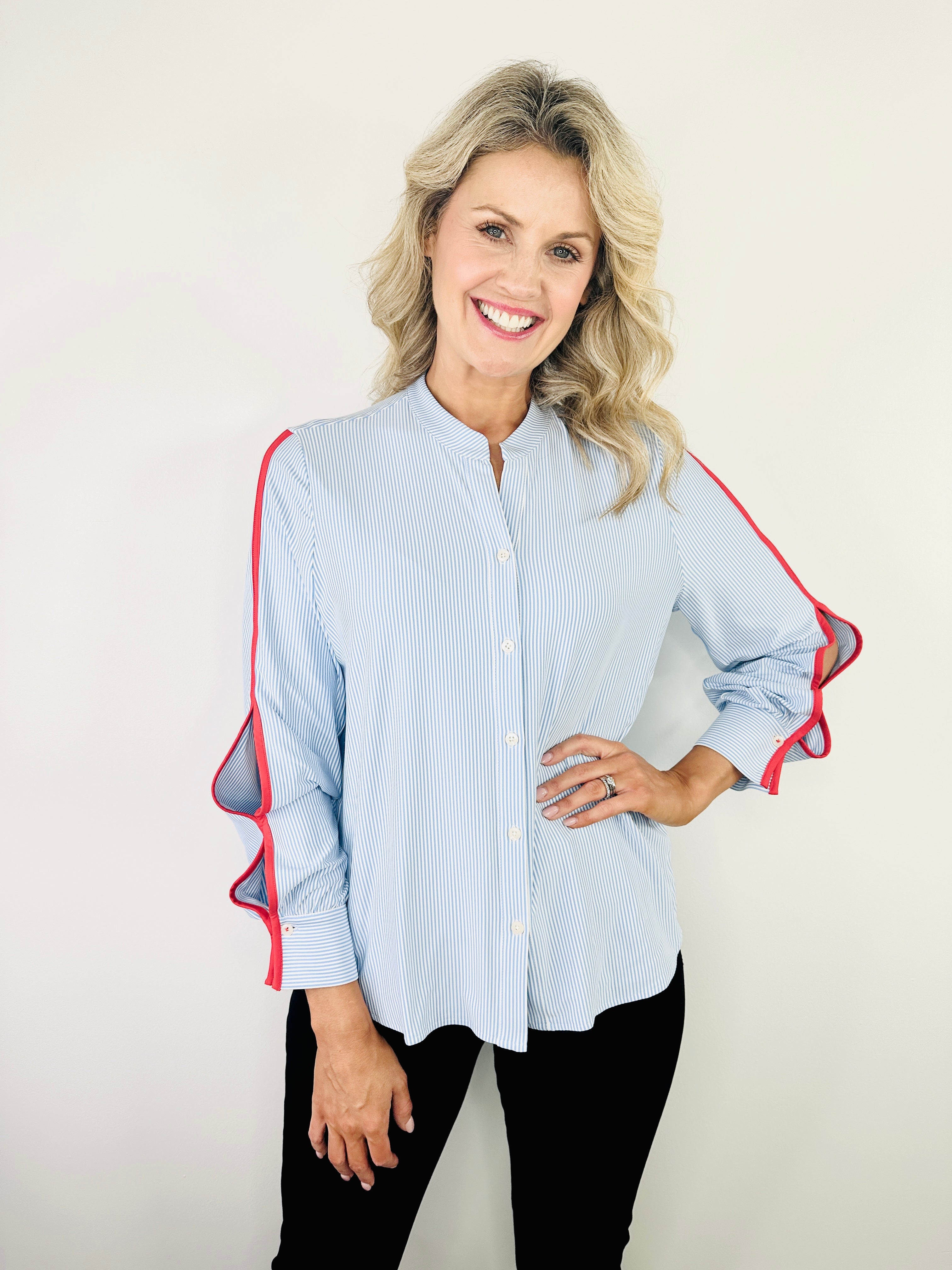 Blue and White Pin Stripe Blouse with Red Stripe – La Creme Boutique