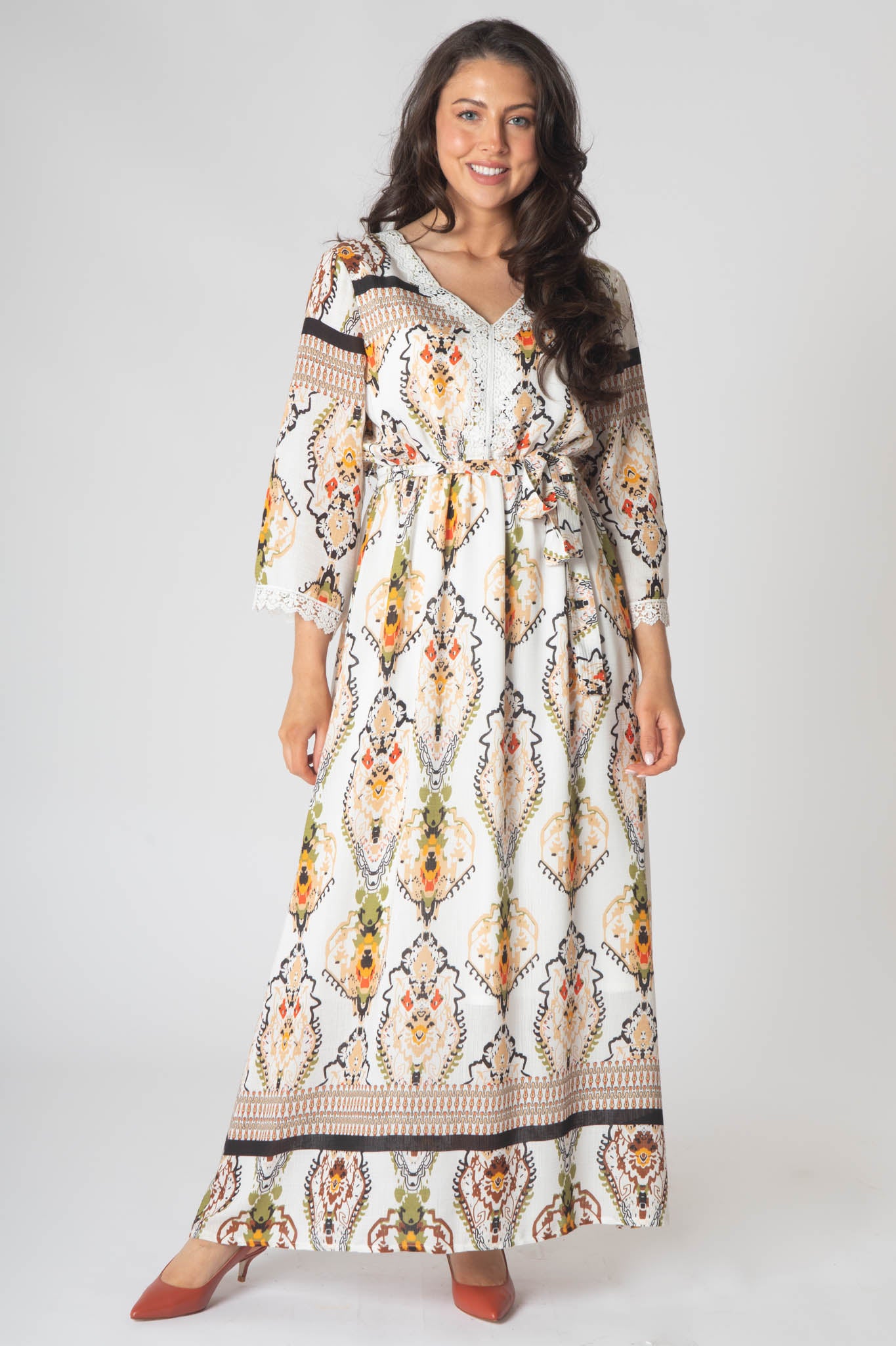 Fleur Maxi Dress With Lace V-Neck Detailing - Black & Orange – La Creme ...